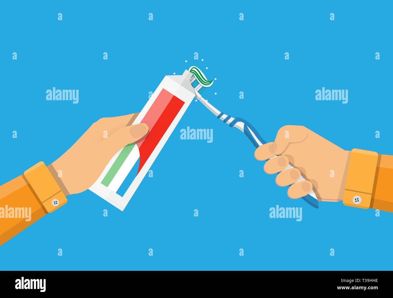 hands use toothpaste and a toothbrush. vector illustration in flat ...
