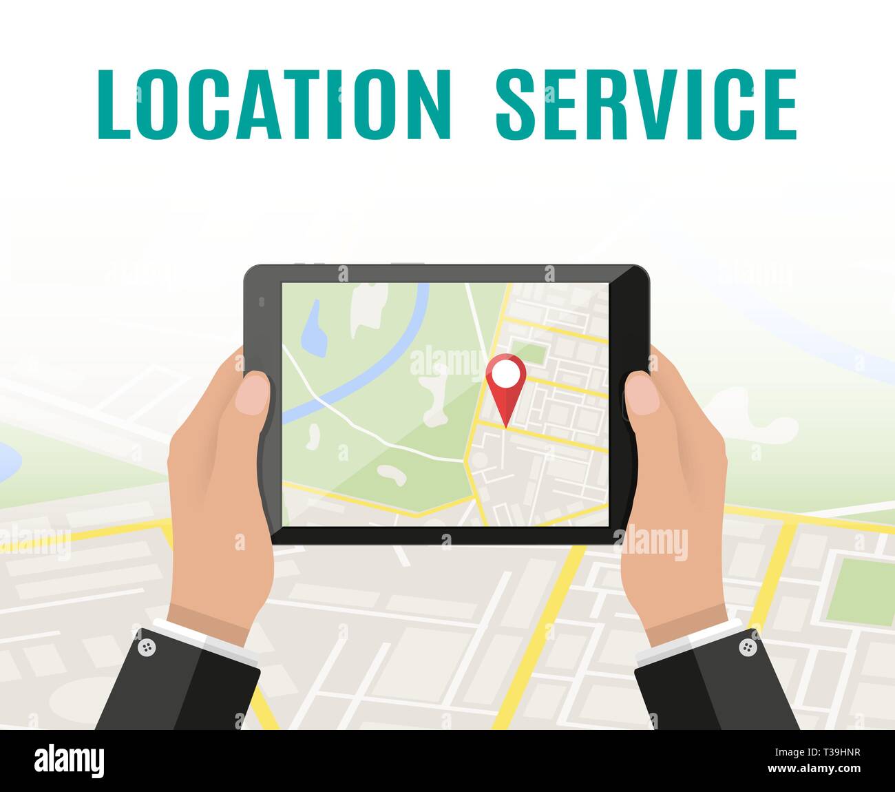 Abstract generic city map with roads, buildings, parks, river. Hands ...