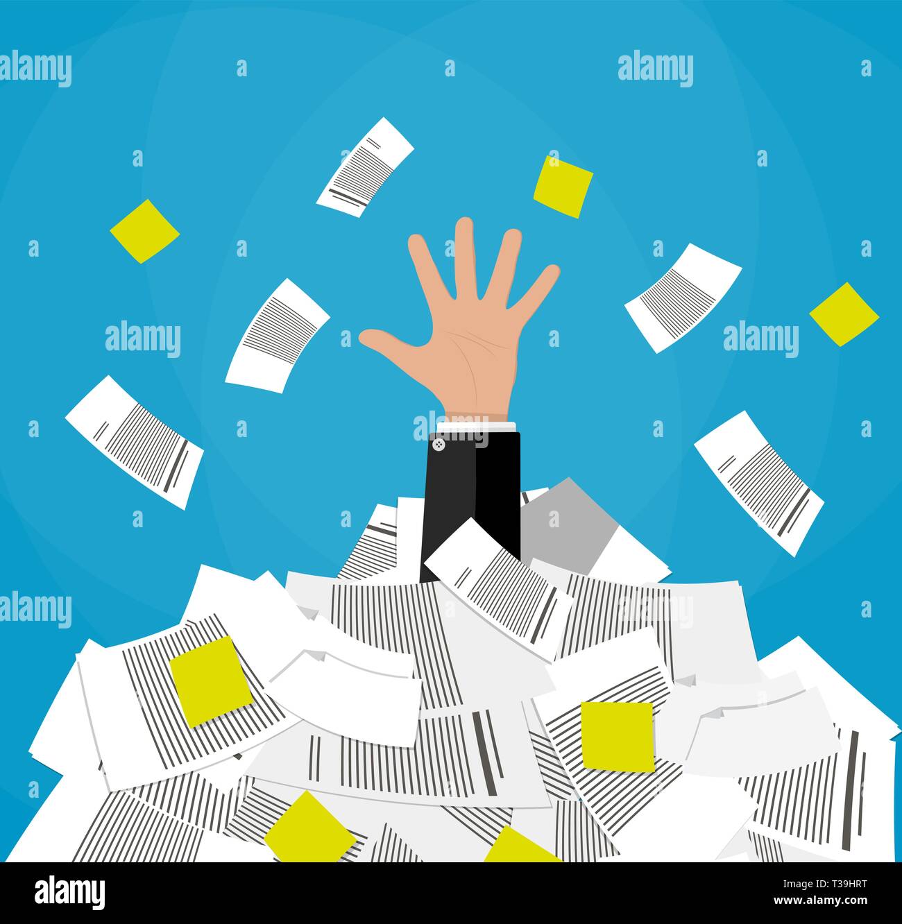 Stressed cartoon businessman in pile of office papers and documents ...