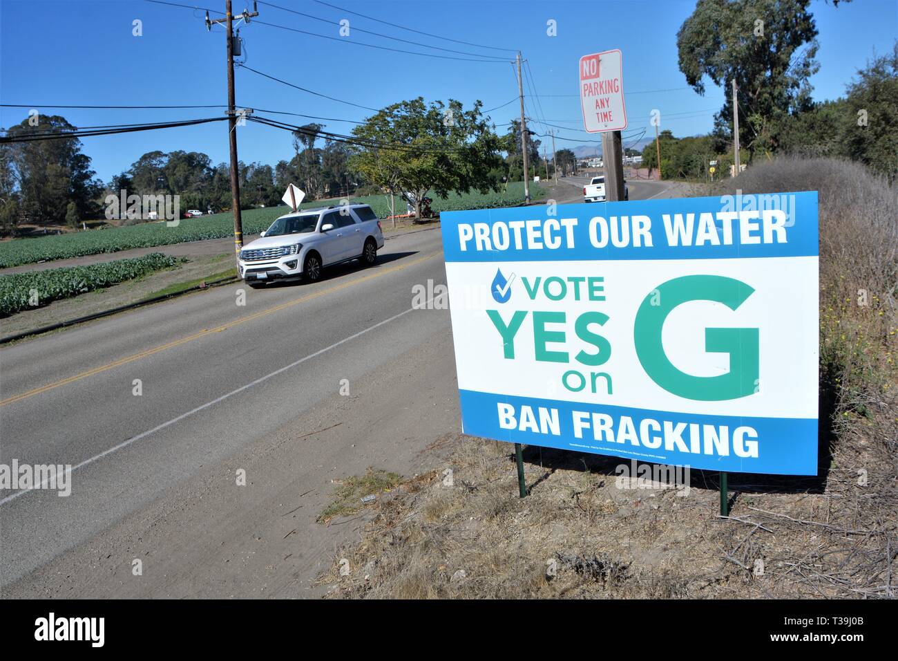 Political sign against fracking in the oil fields of California so as ...