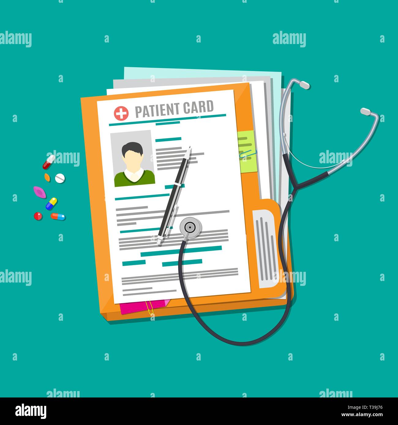 Folder woth documents, stethoscope, pills, pen. patient card. medical ...