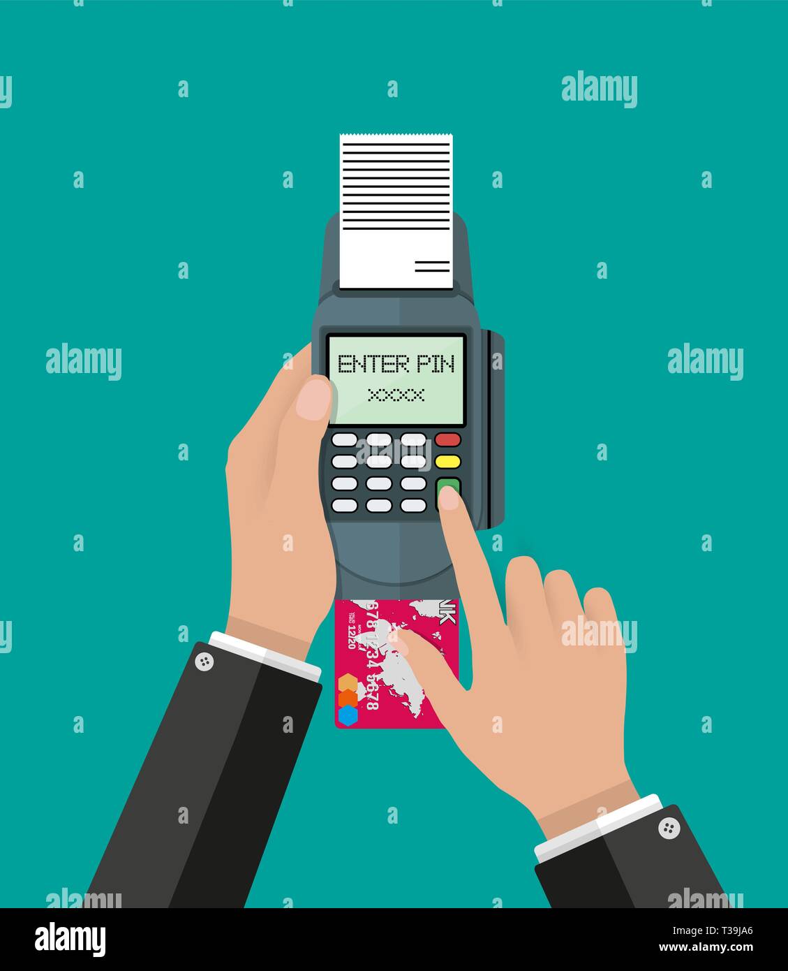 hand businessmen enters a pin code for a Bank card on the payment pos ...
