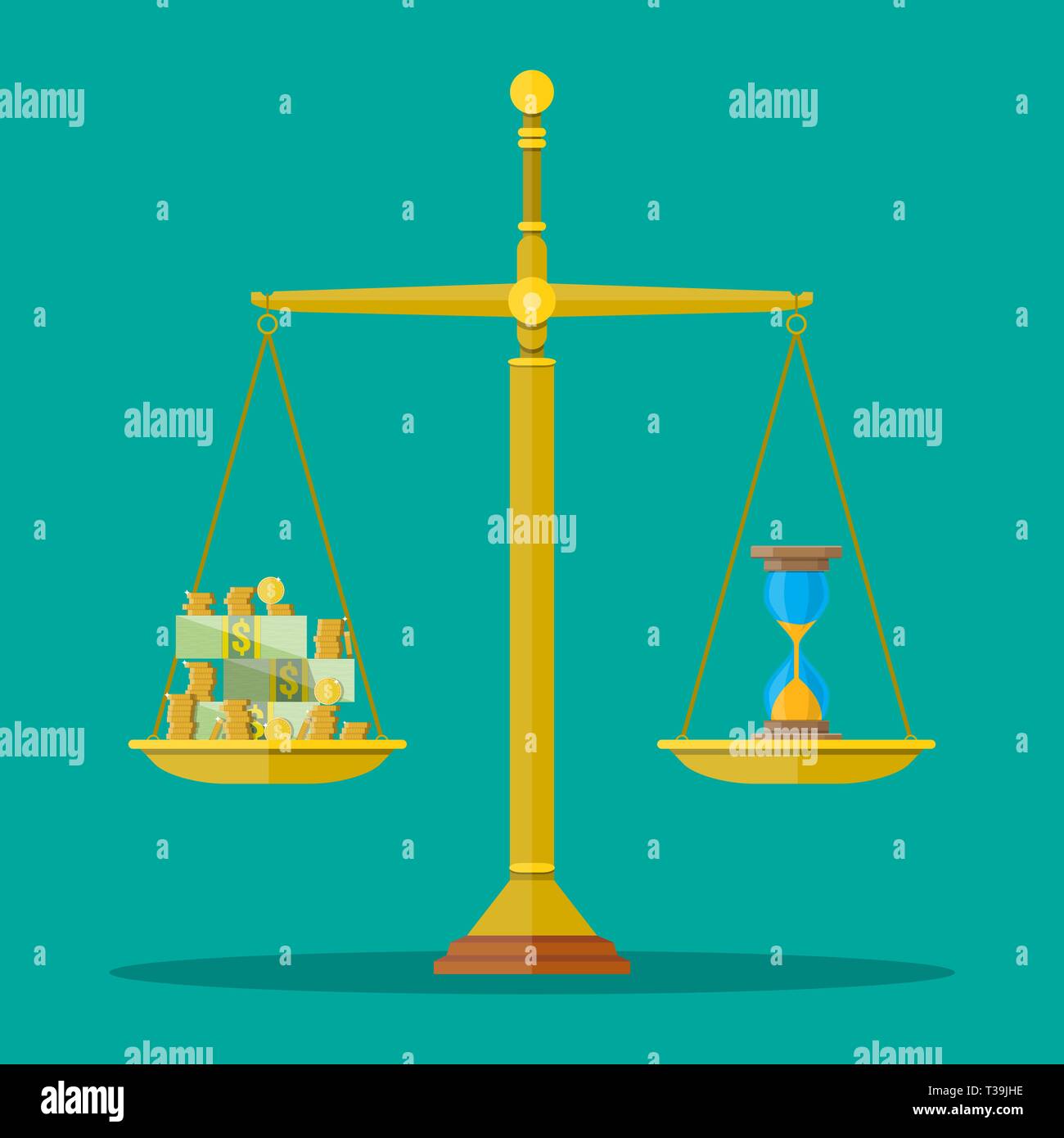 Scale weighing money and hourglass clocks. time is money, financial ...