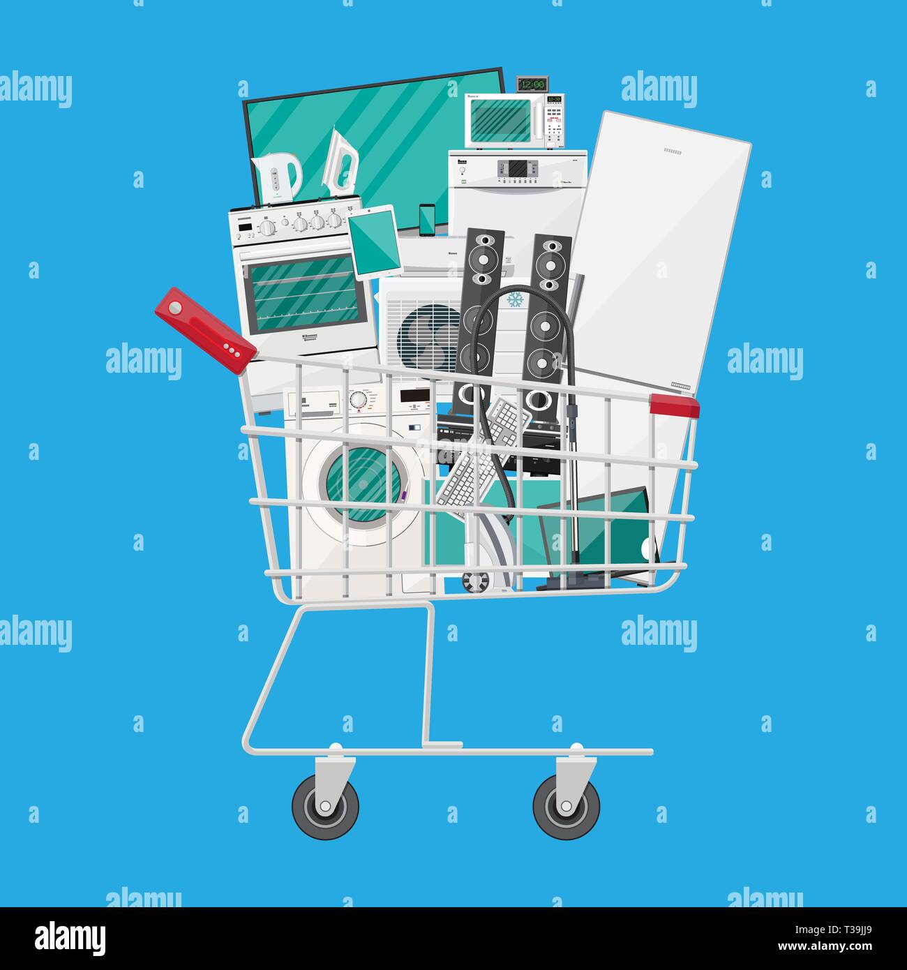 Household devices in shopping cart. electronics stores sale. vector ...