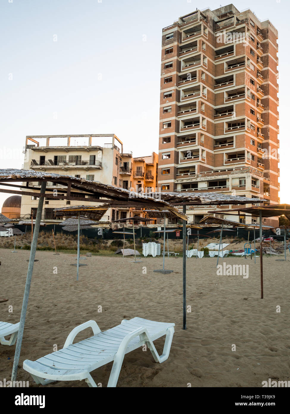 North Cyprus ghost city of Gazimagusa apartment block by the beach ...