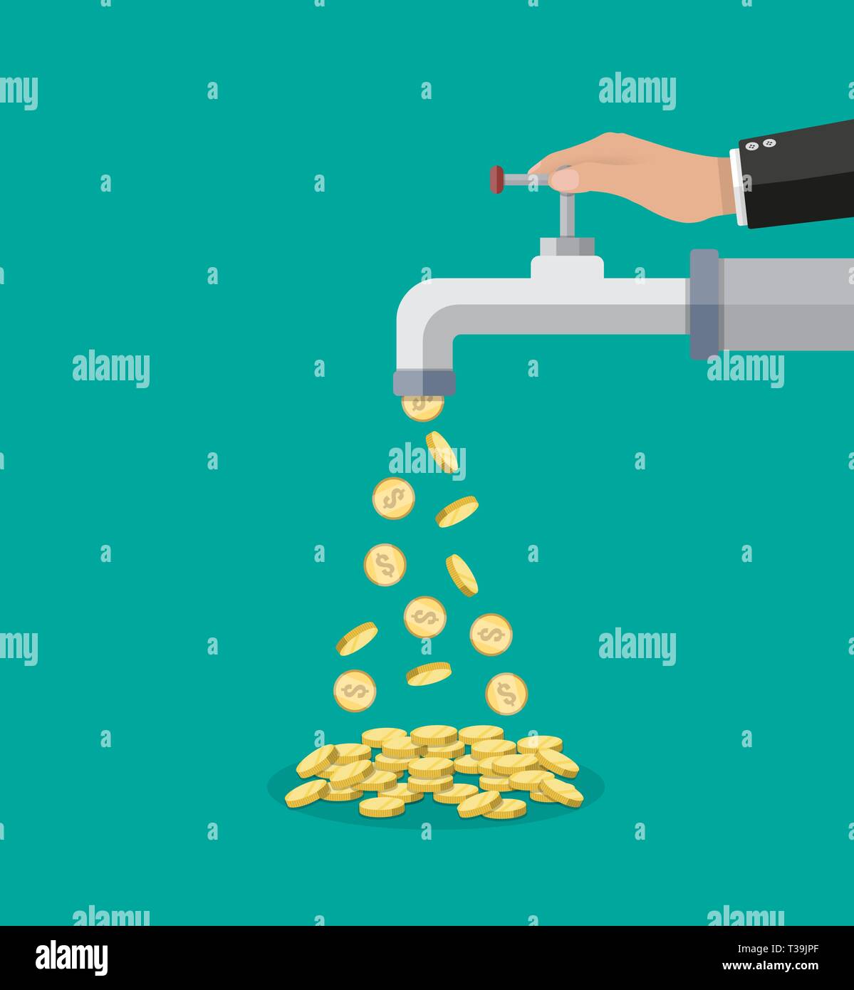Golden coins fall out of the metal tap. Vector illustration in flat ...