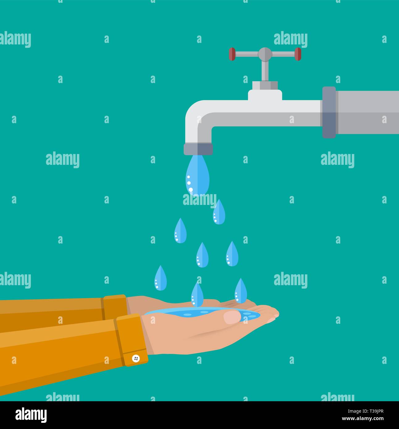 Hands under falling water out of tap. vector illustration in flat style ...
