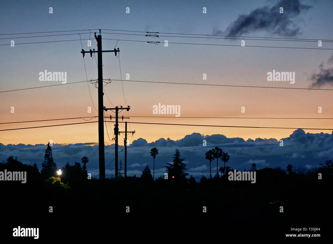 Electrical poles at sunset Stock Photo - Alamy