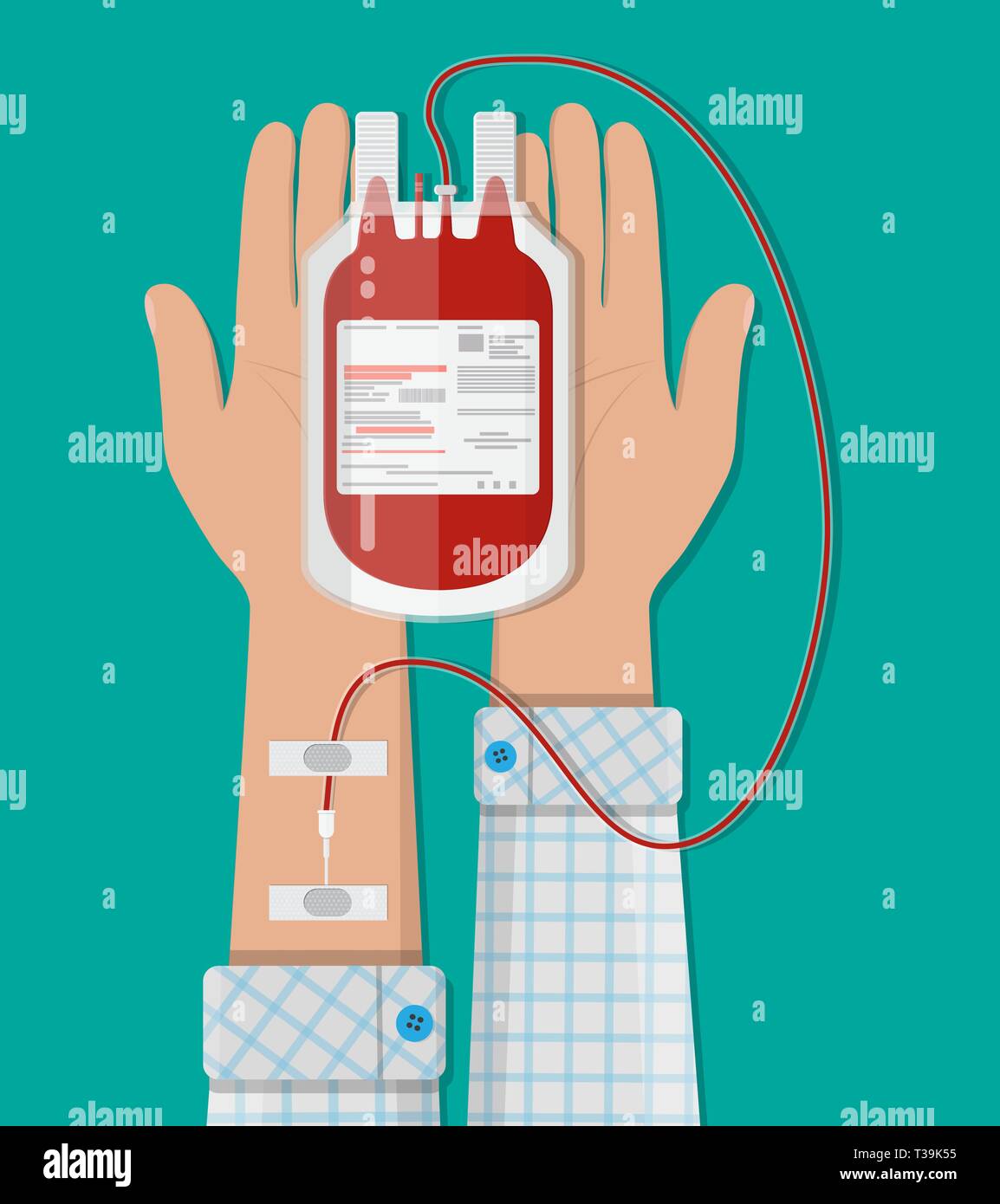 Bag with blood and hand of donor. Blood donation day concept. Human ...