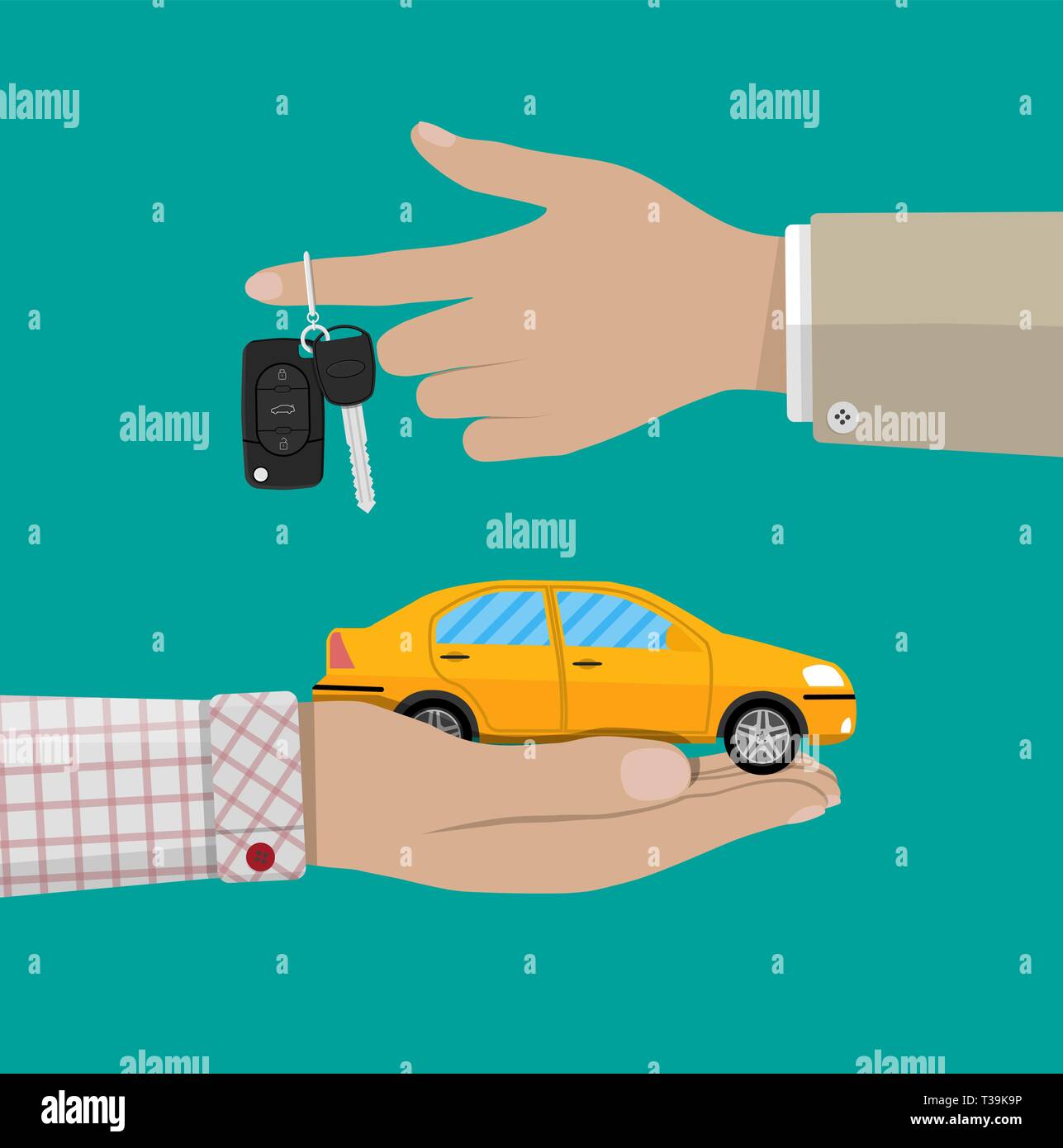 Hand with yellow car and keys. vector illustration in flat design Stock ...