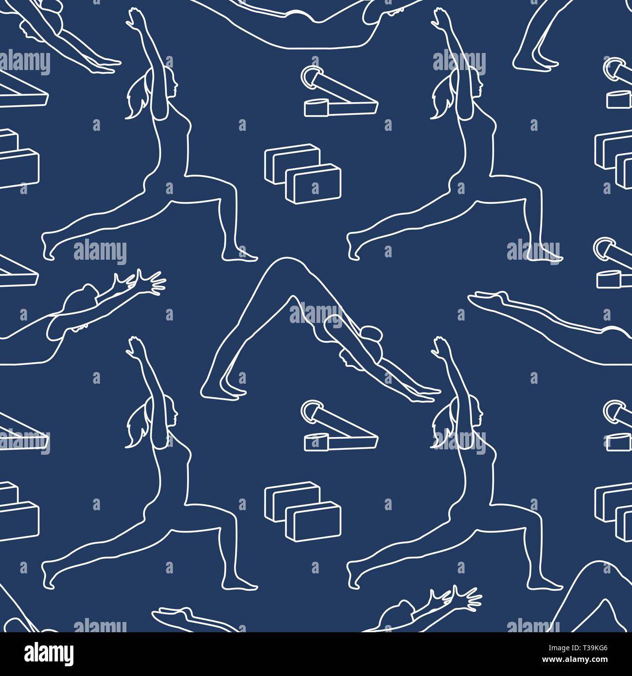 Seamless pattern with women in yoga poses, blocks, belt for yoga. Relax ...