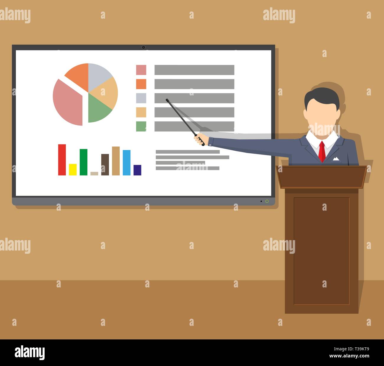 tv screen with financial report and lecturer. Training staff, meeting ...