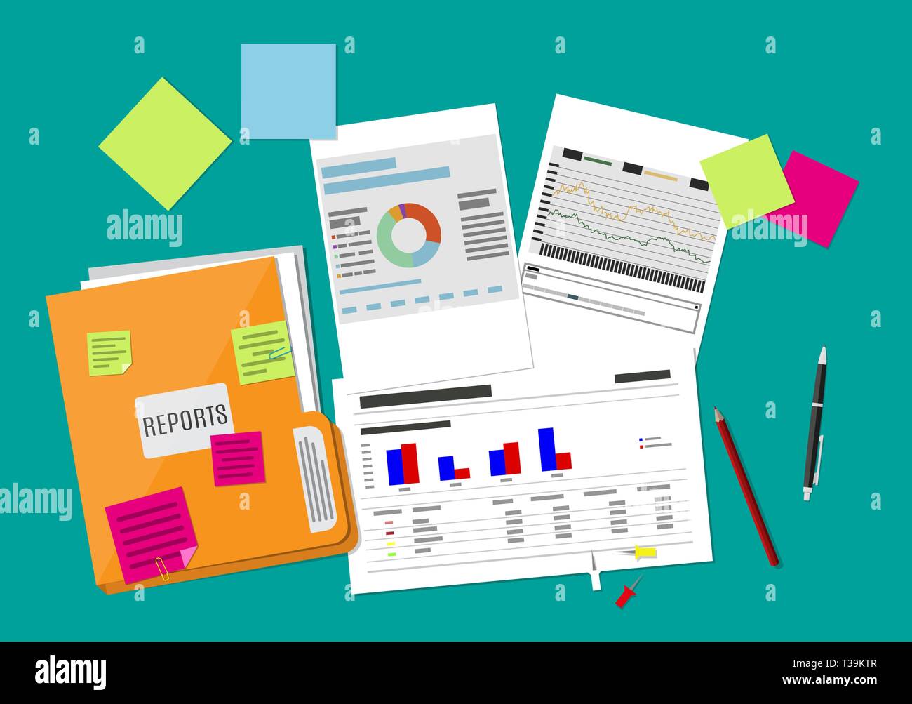 clipboard with financial reports and pen. vector illustration in flat ...