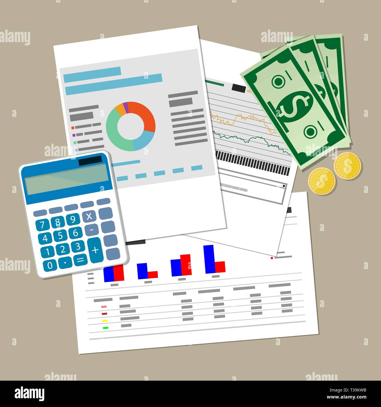 Spreadsheet concept. clipboard with financial reports, money calculator ...