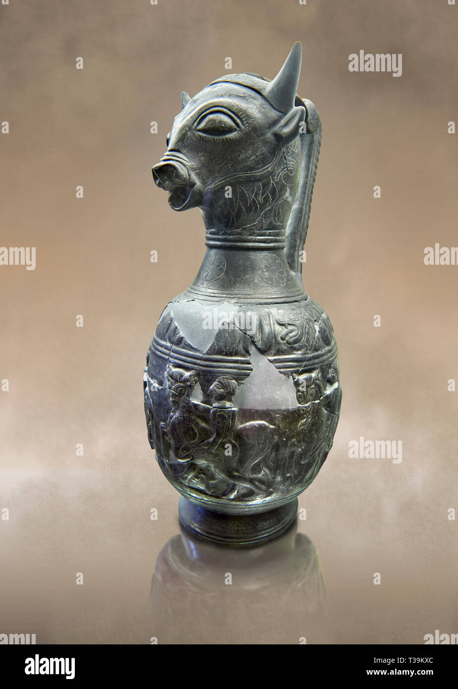 Three quarters view of the 6th century BC Etruscan Bull headed bucherro ...