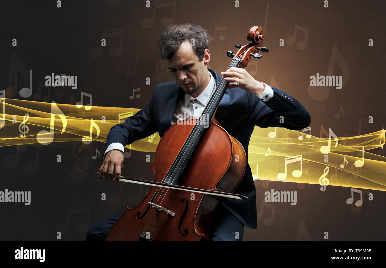 Young male musician playing on his cello with musical notes around ...