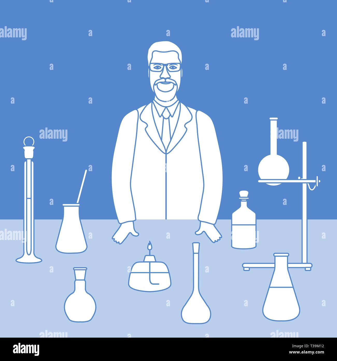 Vector illustration with scientist at work, glassware flasks, burner ...