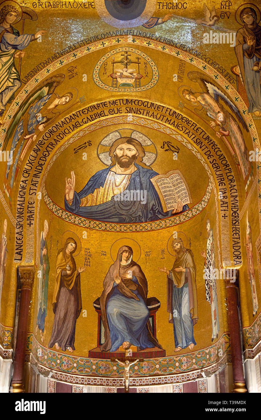 Medieval Byzantine style mosaics of Christ Pantocrator above the altar ...