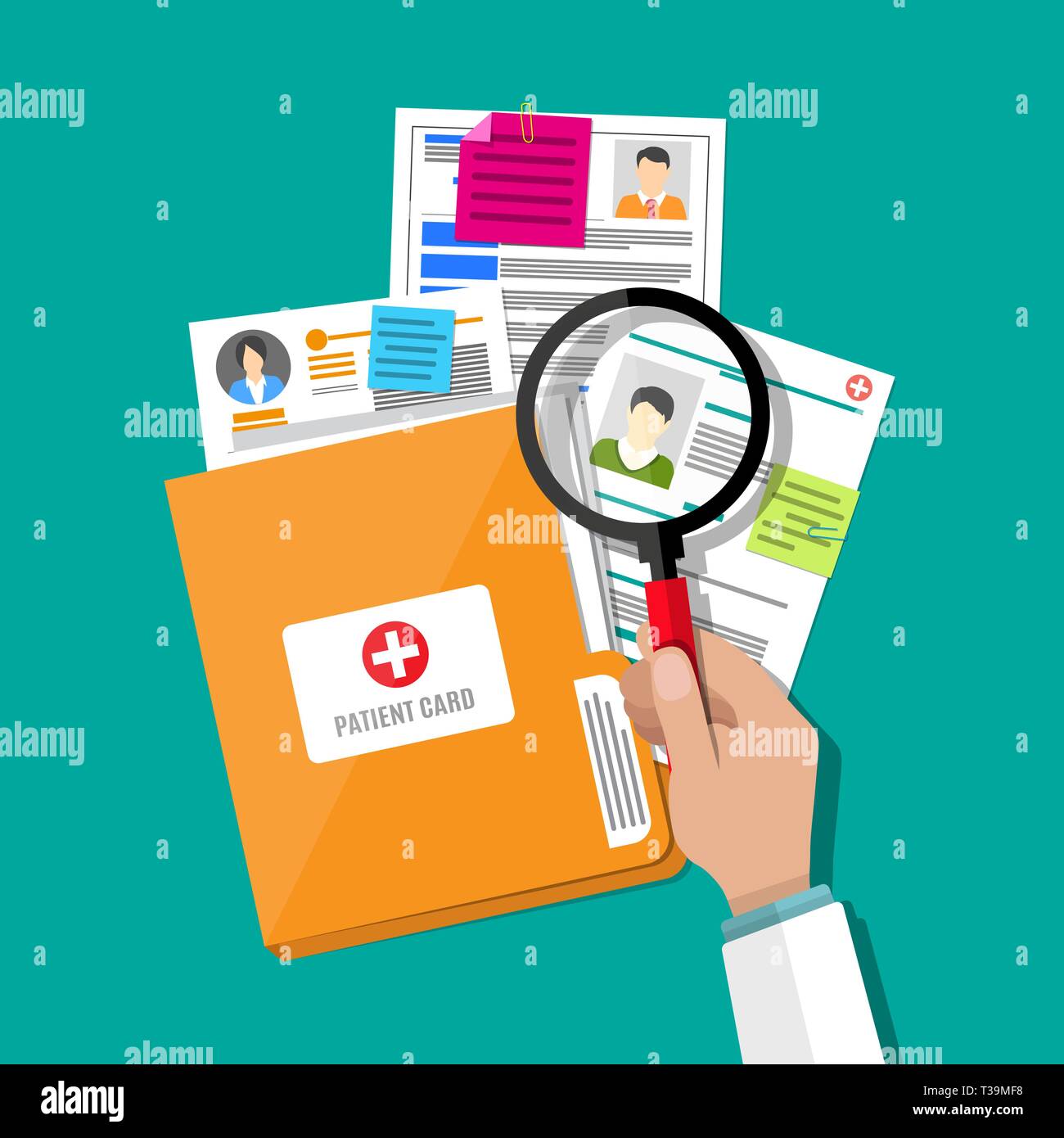 Folder with patient card and doctors hand with magnifying glass ...