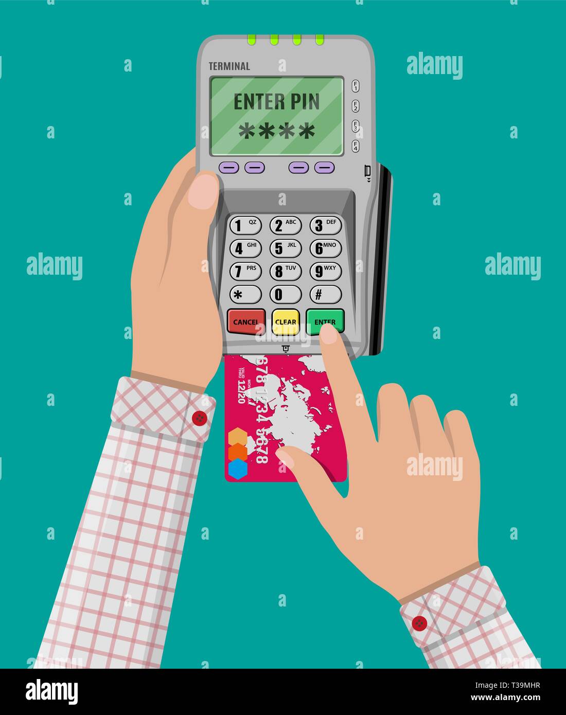 hand enters a pin code for a Bank card on the payment pos terminal ...