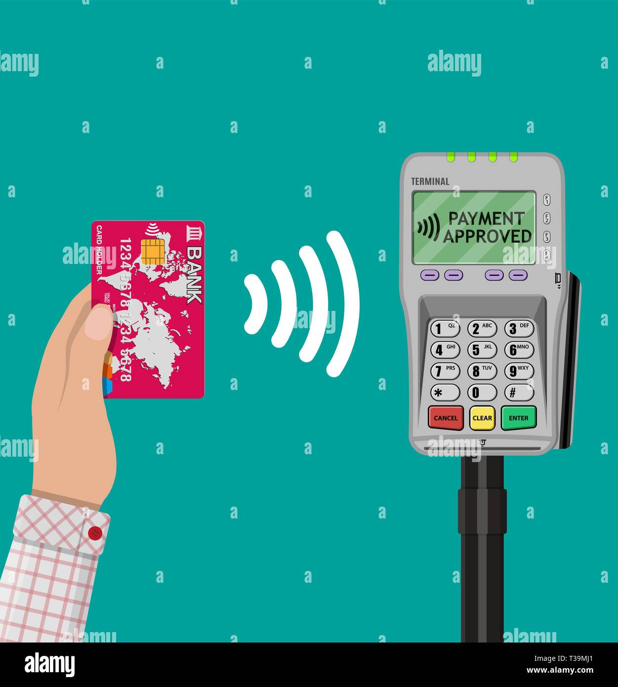 Human hand with plastic card bank and pos terminal. nfc payments ...