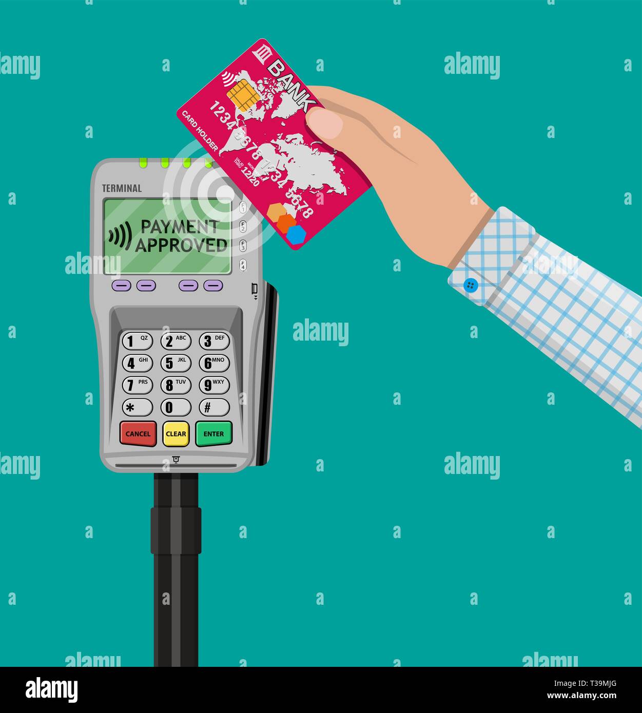 Human hand with plastic card bank and pos terminal. nfc payments ...