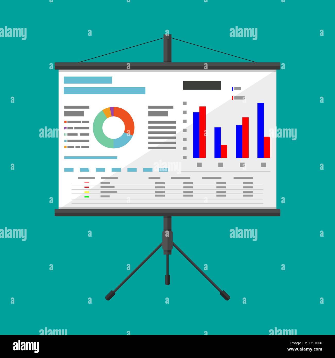 Projector screen with business presentation. chart pie, financial ...