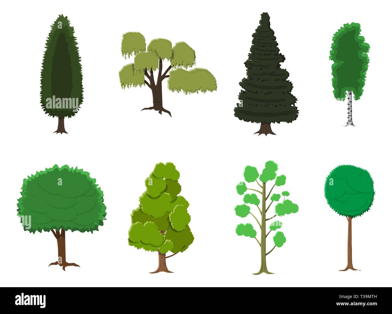 Set of various stylized trees in flat style. vector illustration Stock ...