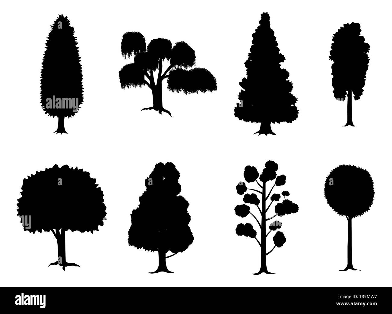 Set of various stylized trees in silhouette. vector illustration Stock ...