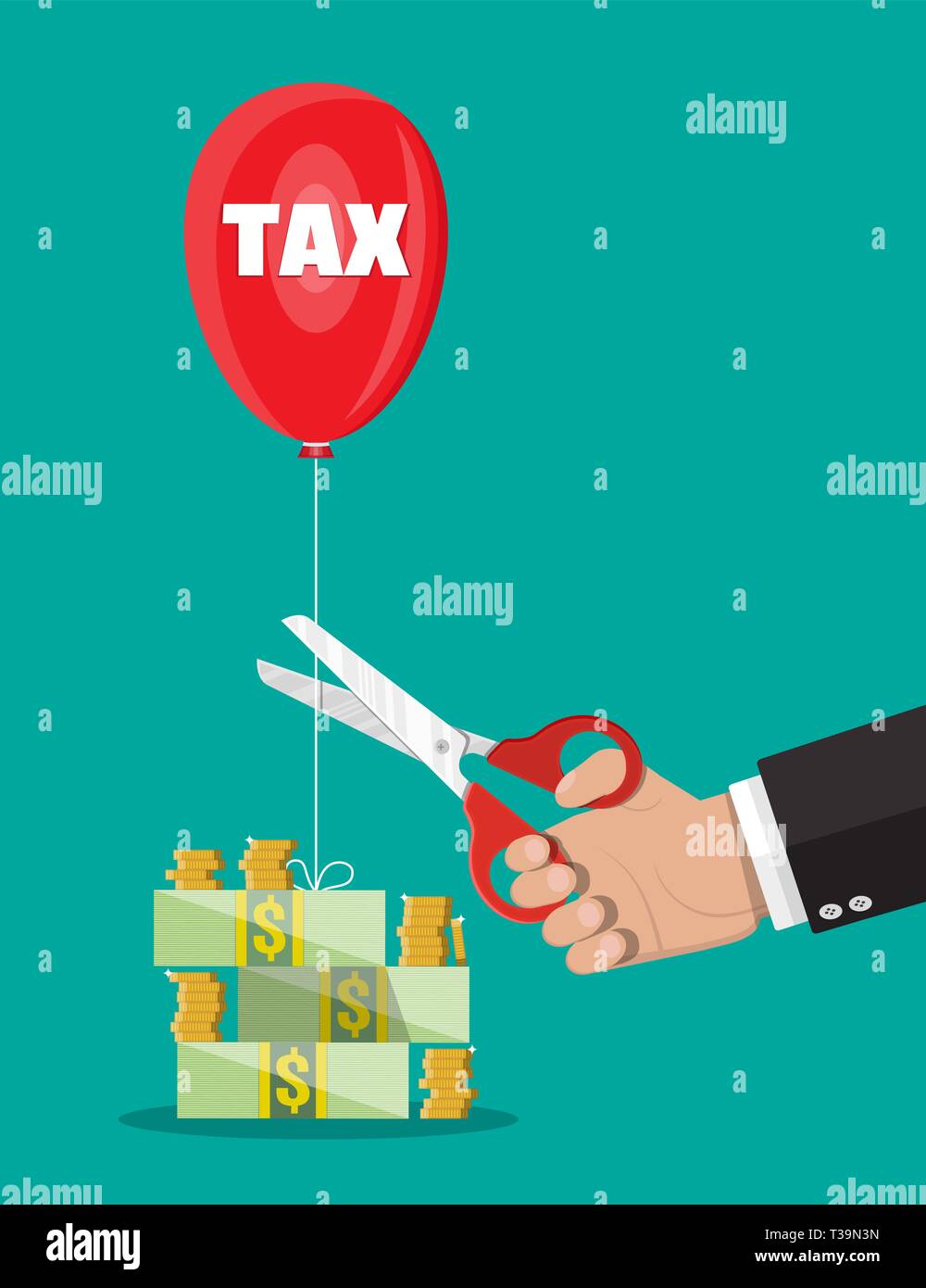 Businessman hand with scissors cutting tax balloon string. Vector ...