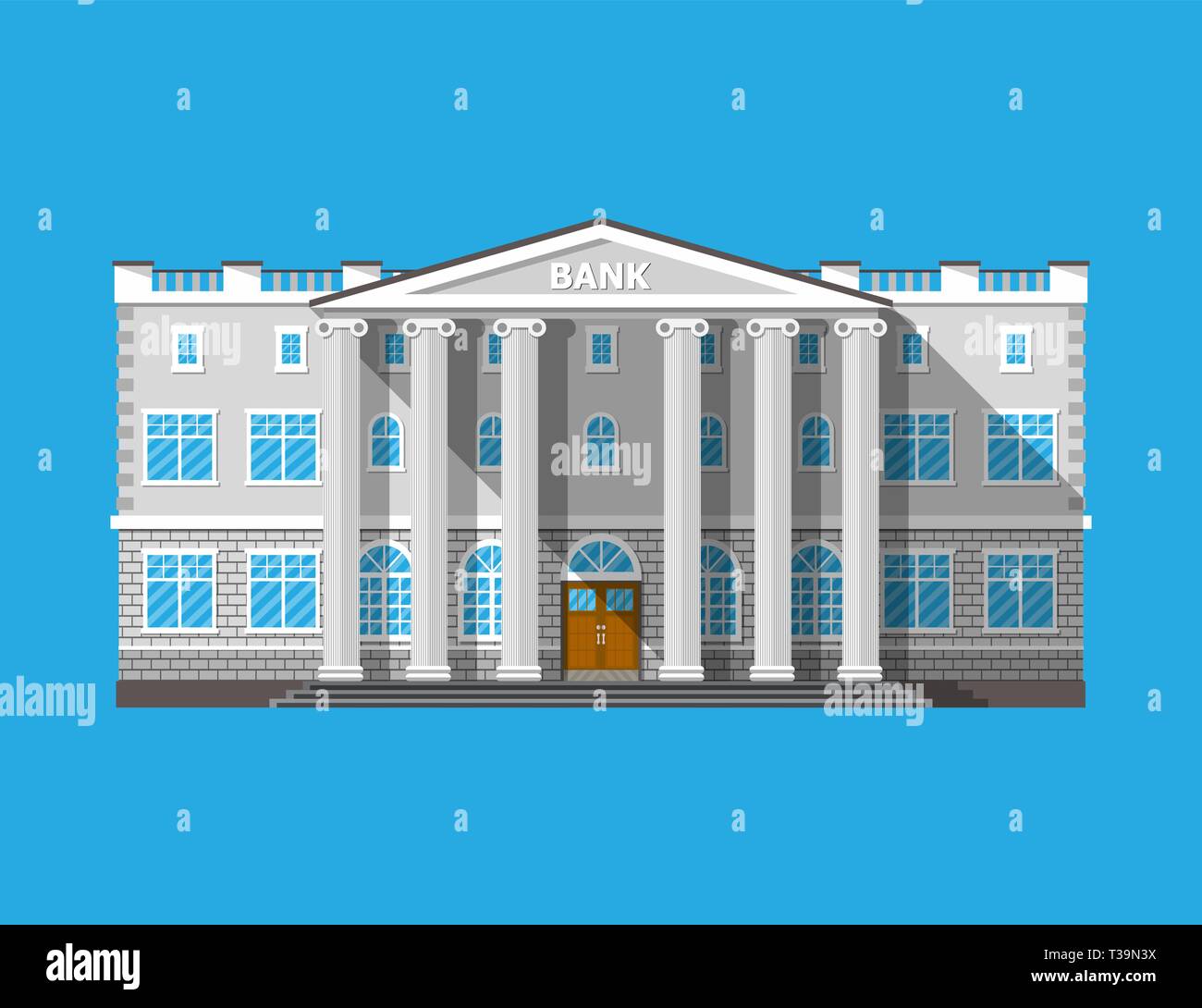 Bank building. Financial house isolated on blue. Construction with ...