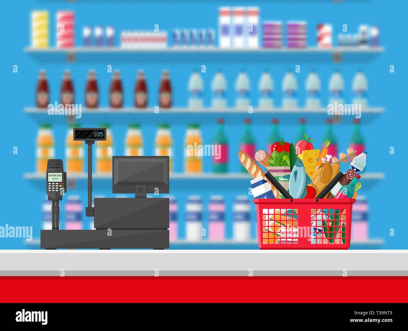 Supermarket interior. Cashier counter workplace. Shopping basket with ...