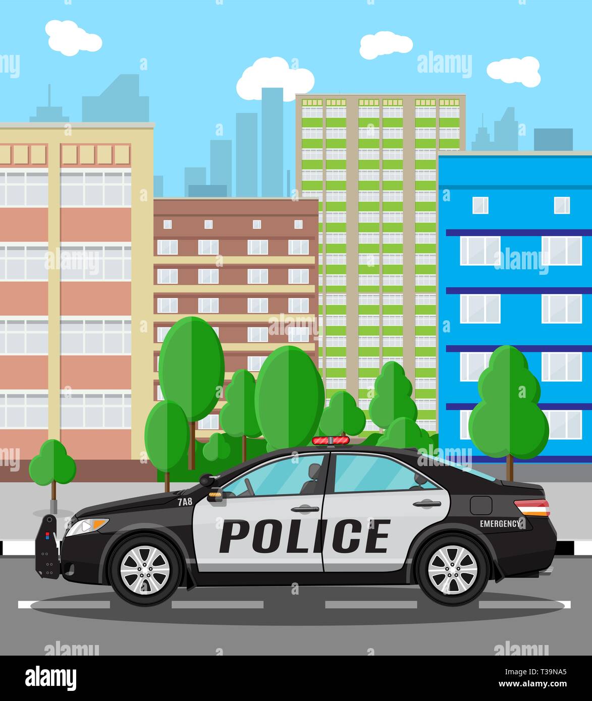 Generic police car at cityscape background. Vector illustration in flat ...
