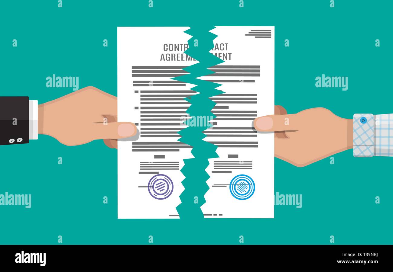 Two hands torn in half contract document. Contract termination concept ...