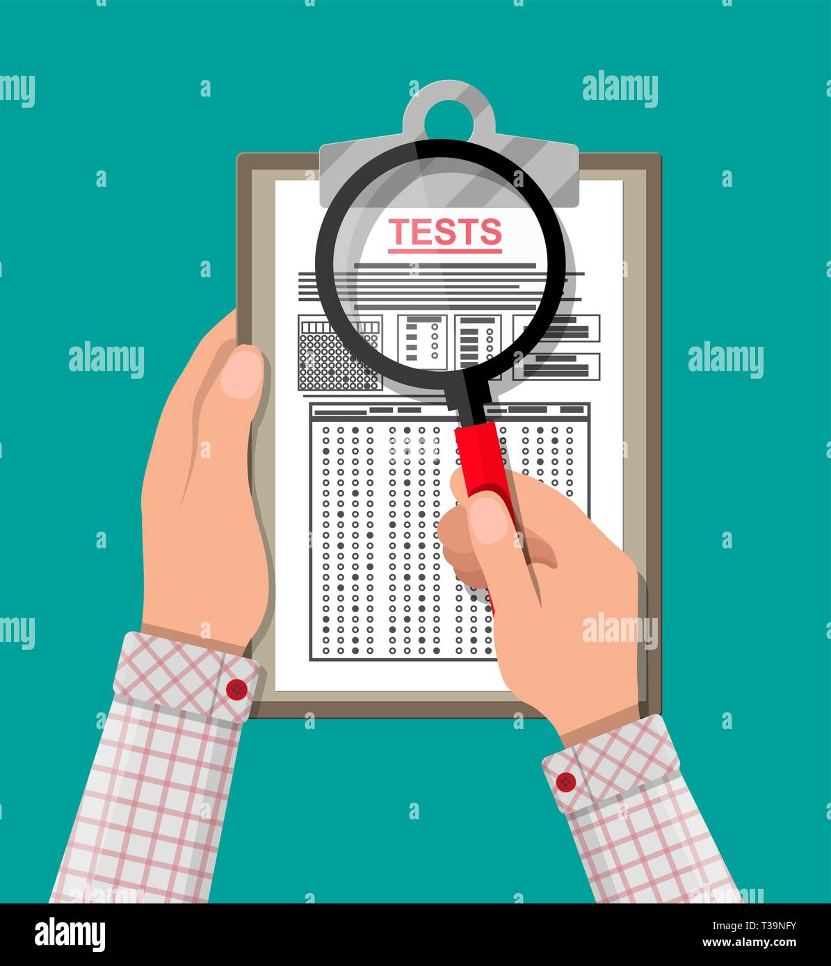 Hand with magnifying glass holding clipboard with exam test answer ...