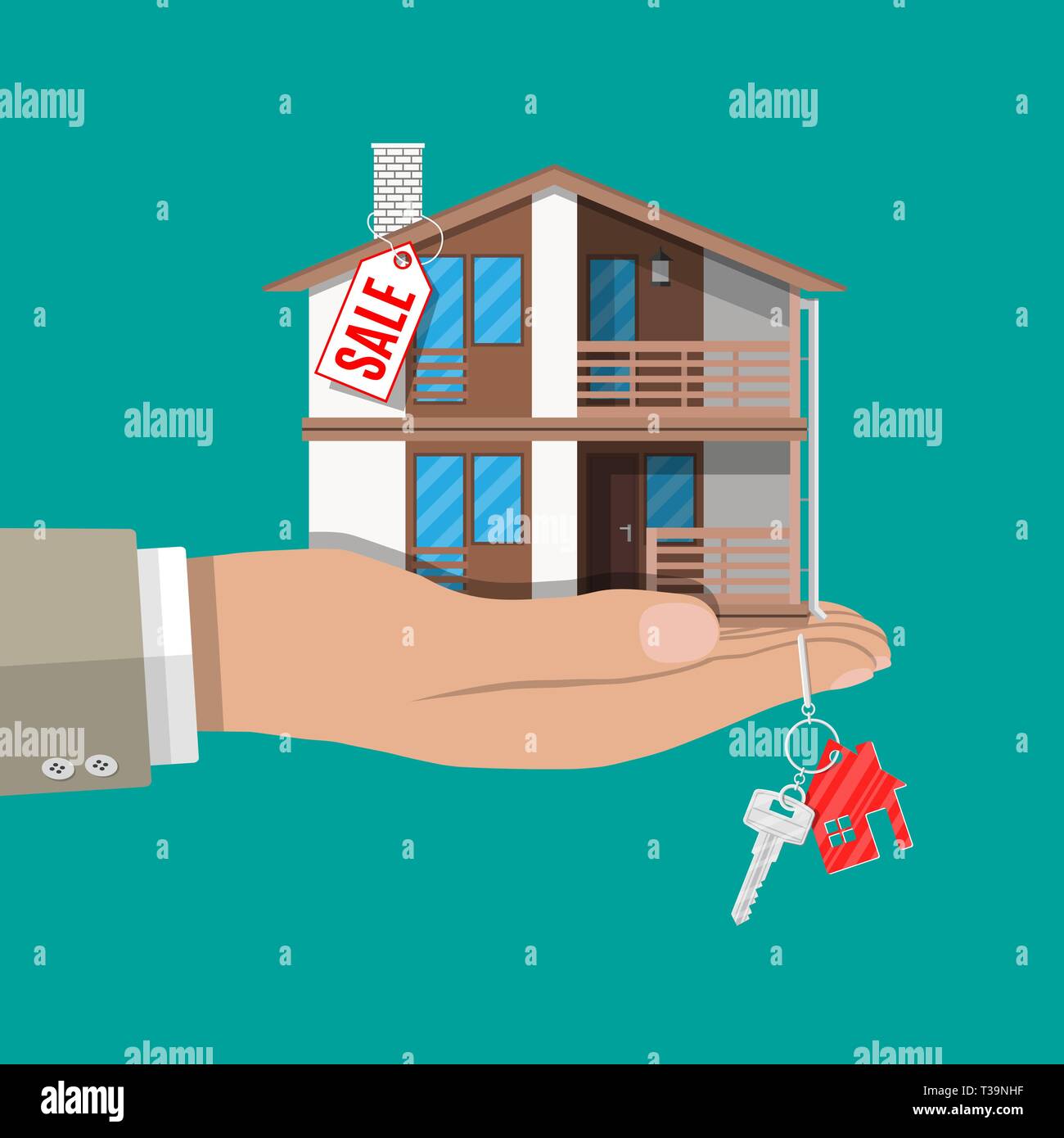 Hand with small house, keys and price tag. Buying or selling house ...