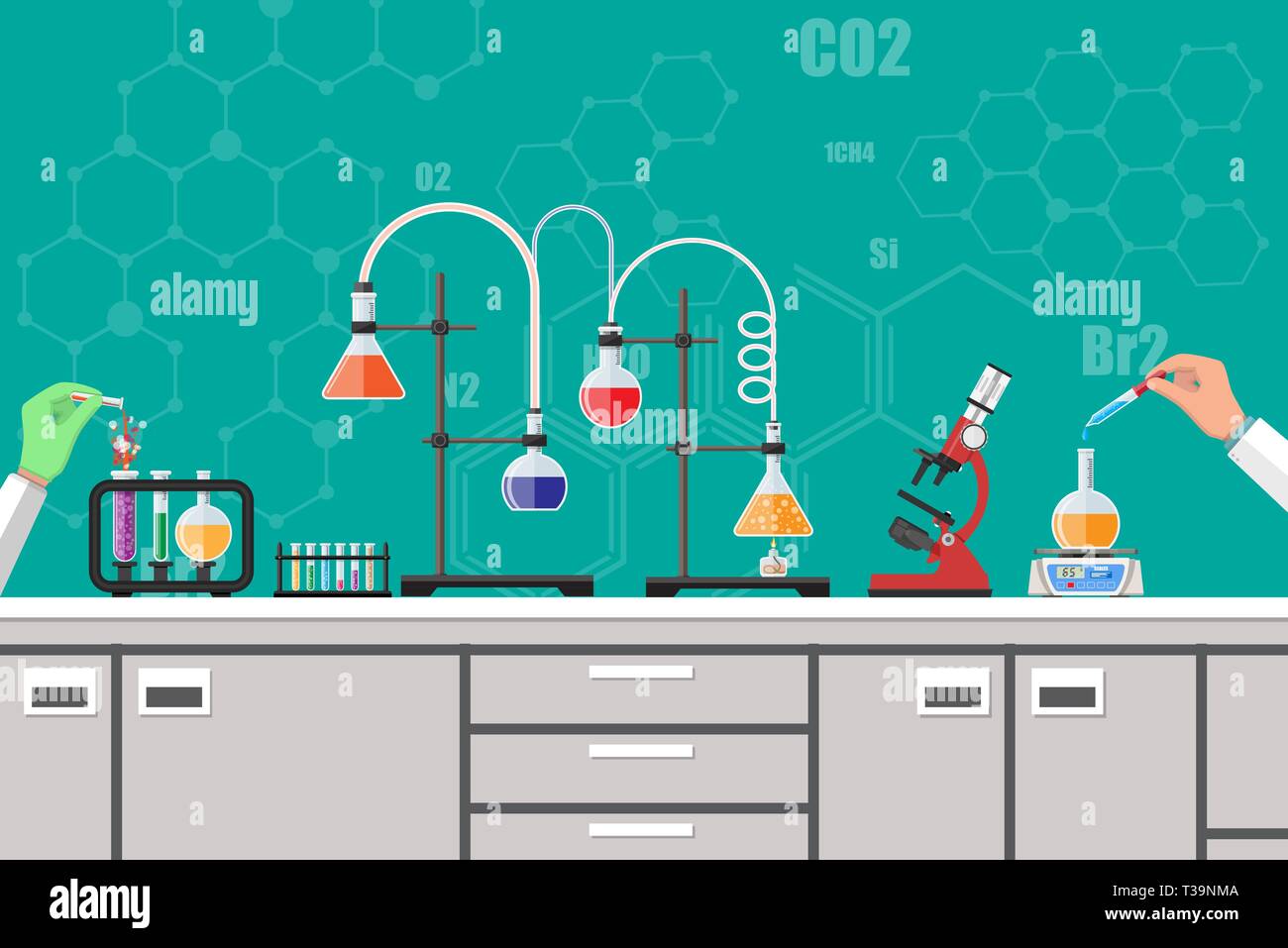 Science Experiment in laboratory. Lboratory equipment, jars, beakers ...