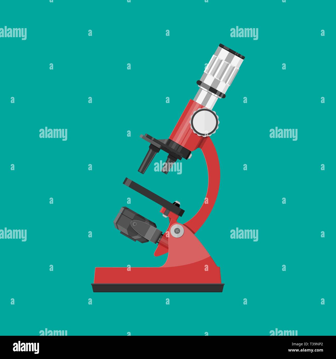 Red microscope isolated on green. Vector illustration in flat style ...