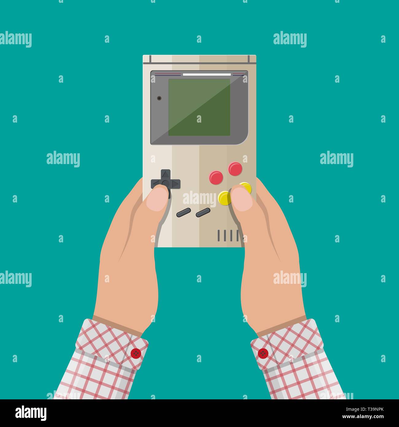 Hands holds old retro game hand console gadget. Handheld. Vector ...