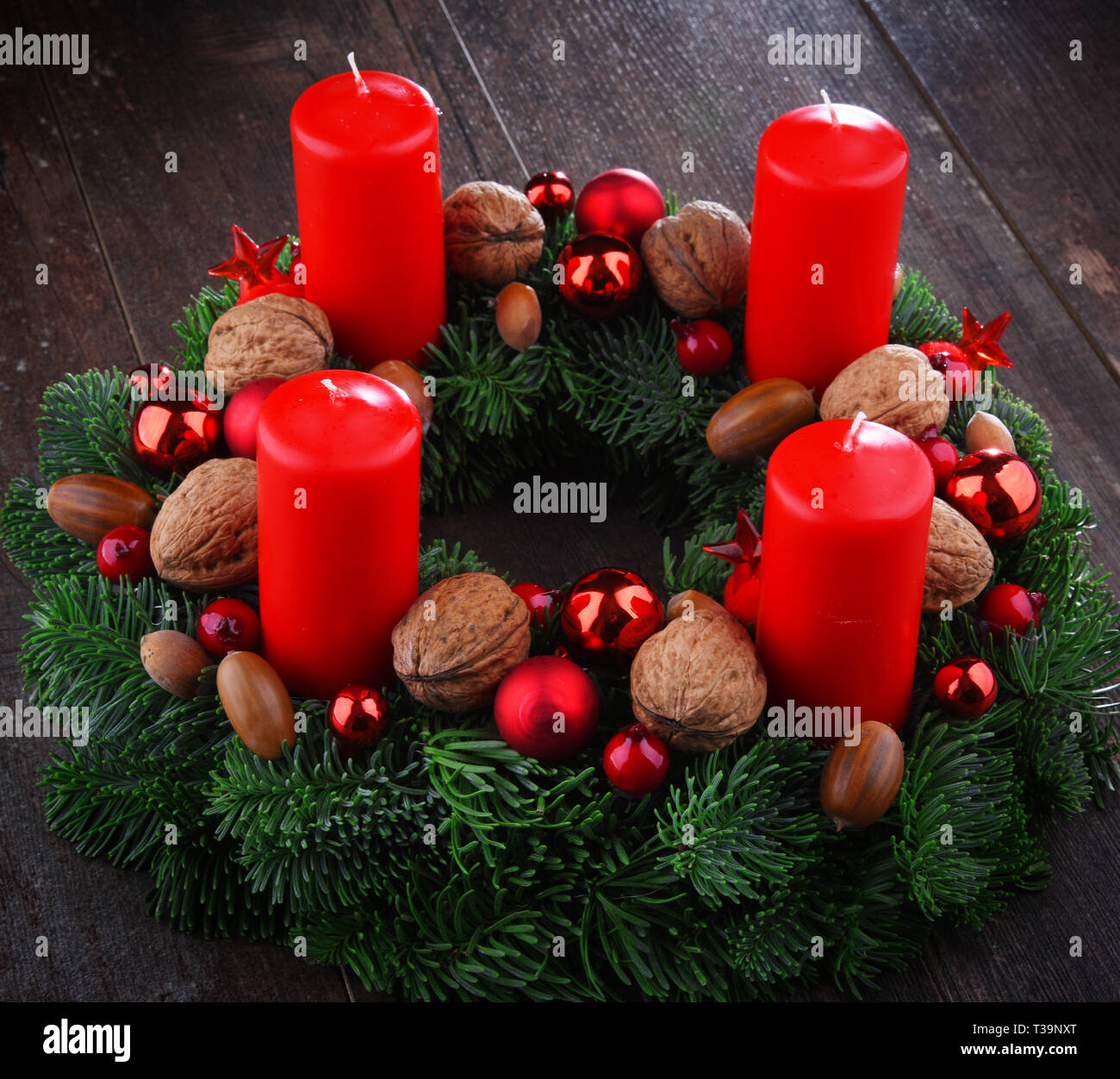 Traditional Advent Christmas decoration with spruce and candles Stock ...