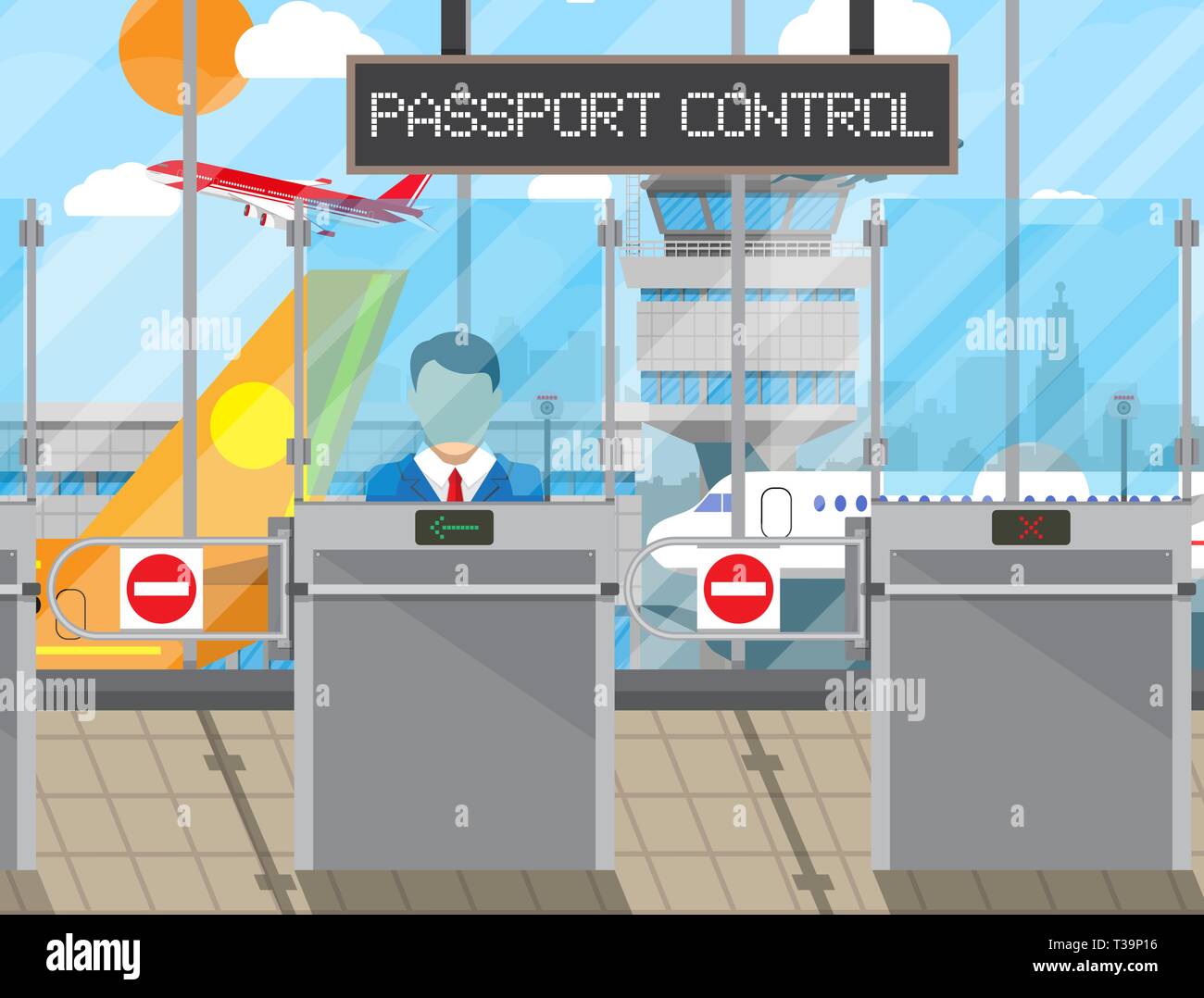 Border control counter concept, immigration officer, camera, passport ...