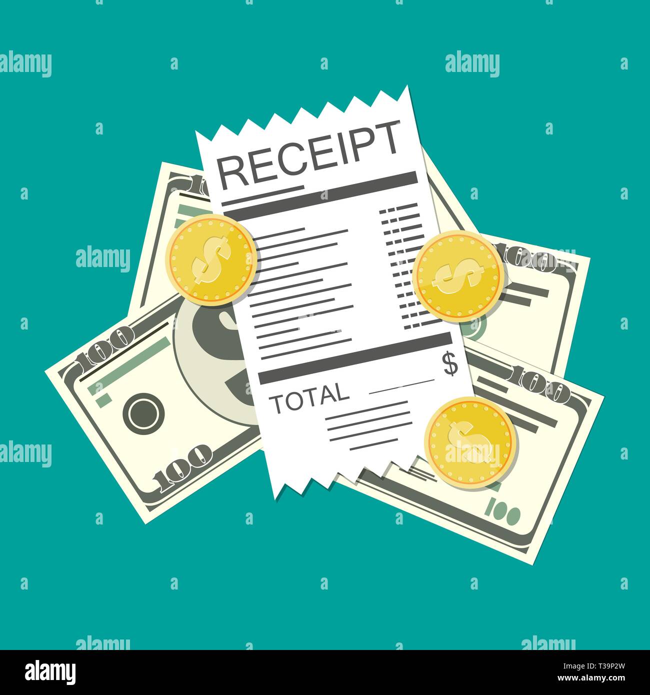 Receipt bill, money cash with dollar banknotes and coins. Paper invoice ...