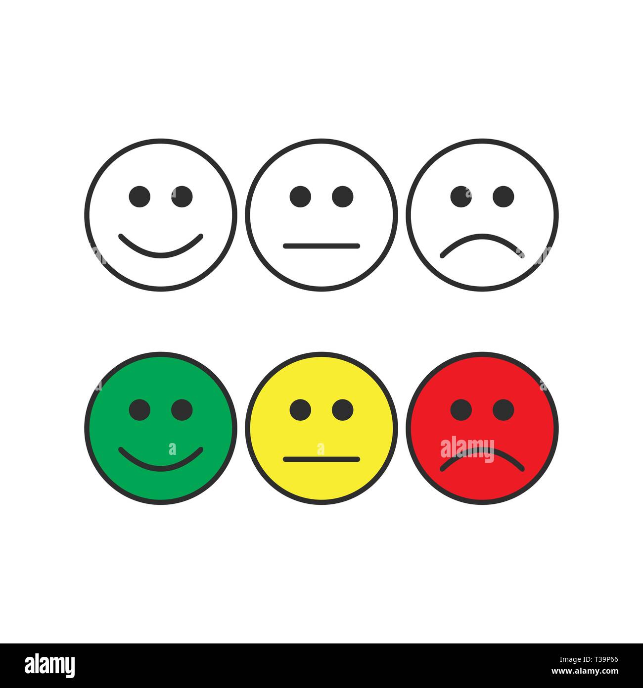 Smiley emoticons, positive, neutral and negative, black white and color ...