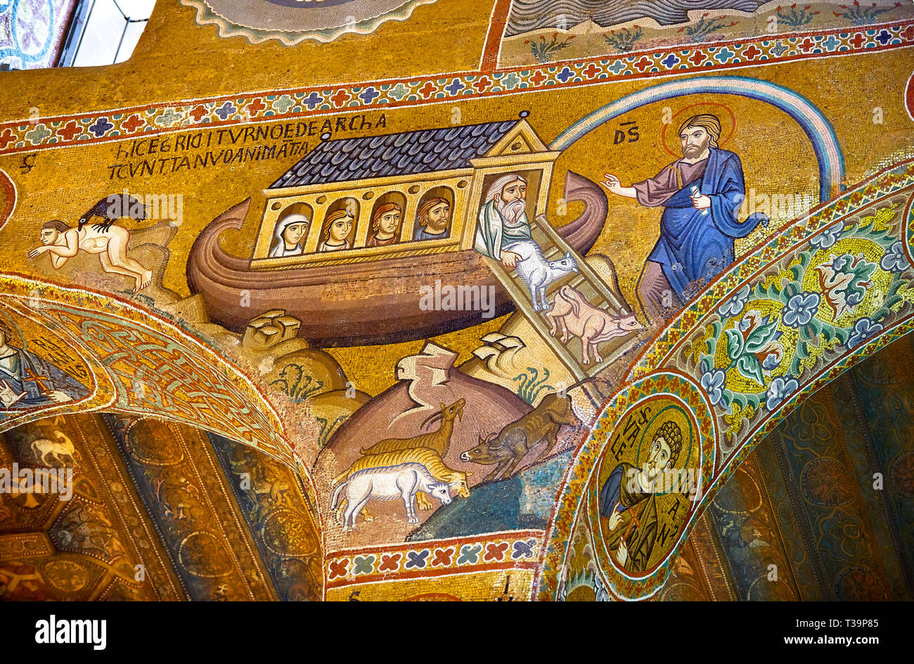 Medieval Byzantine style mosaics of the Bible story of Noah's ark ...