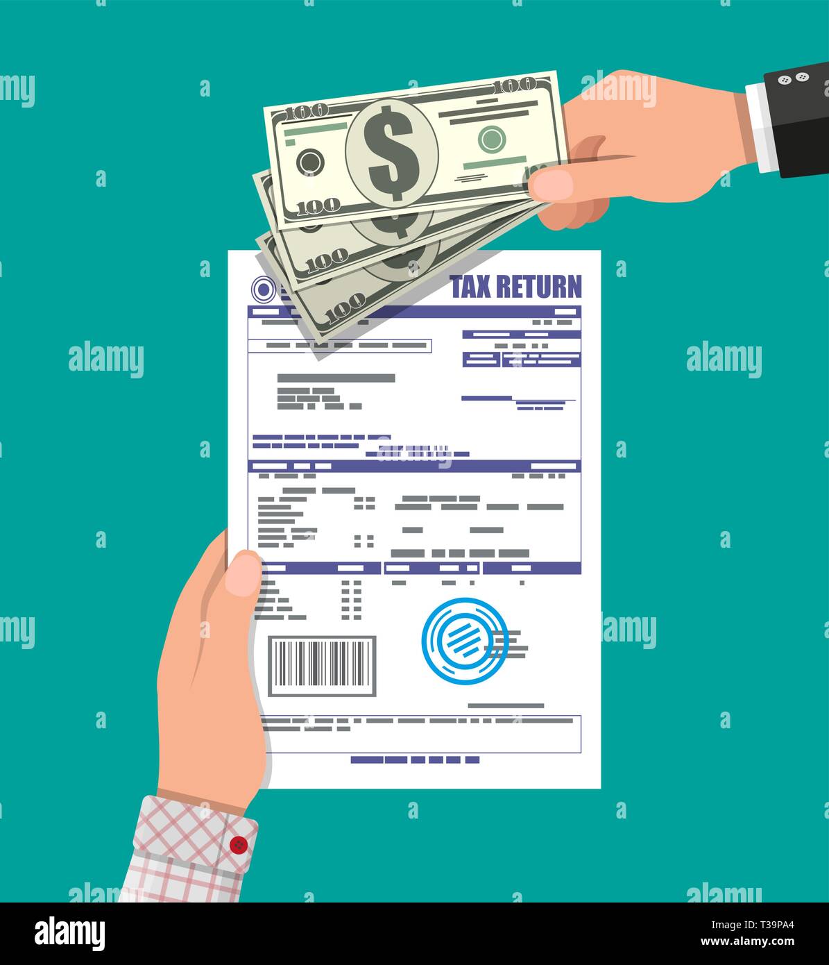 Hand with tax return declaration paper document and dollar bills ...