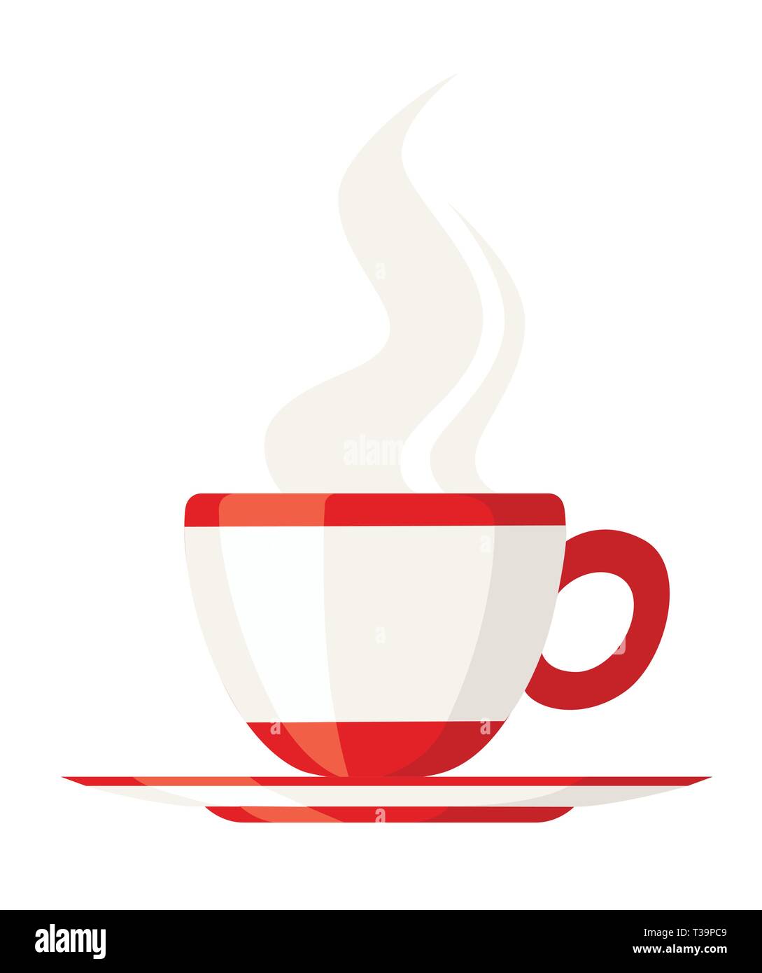 Red and white tea cup with saucer. Hot tea cup with vapour float up ...