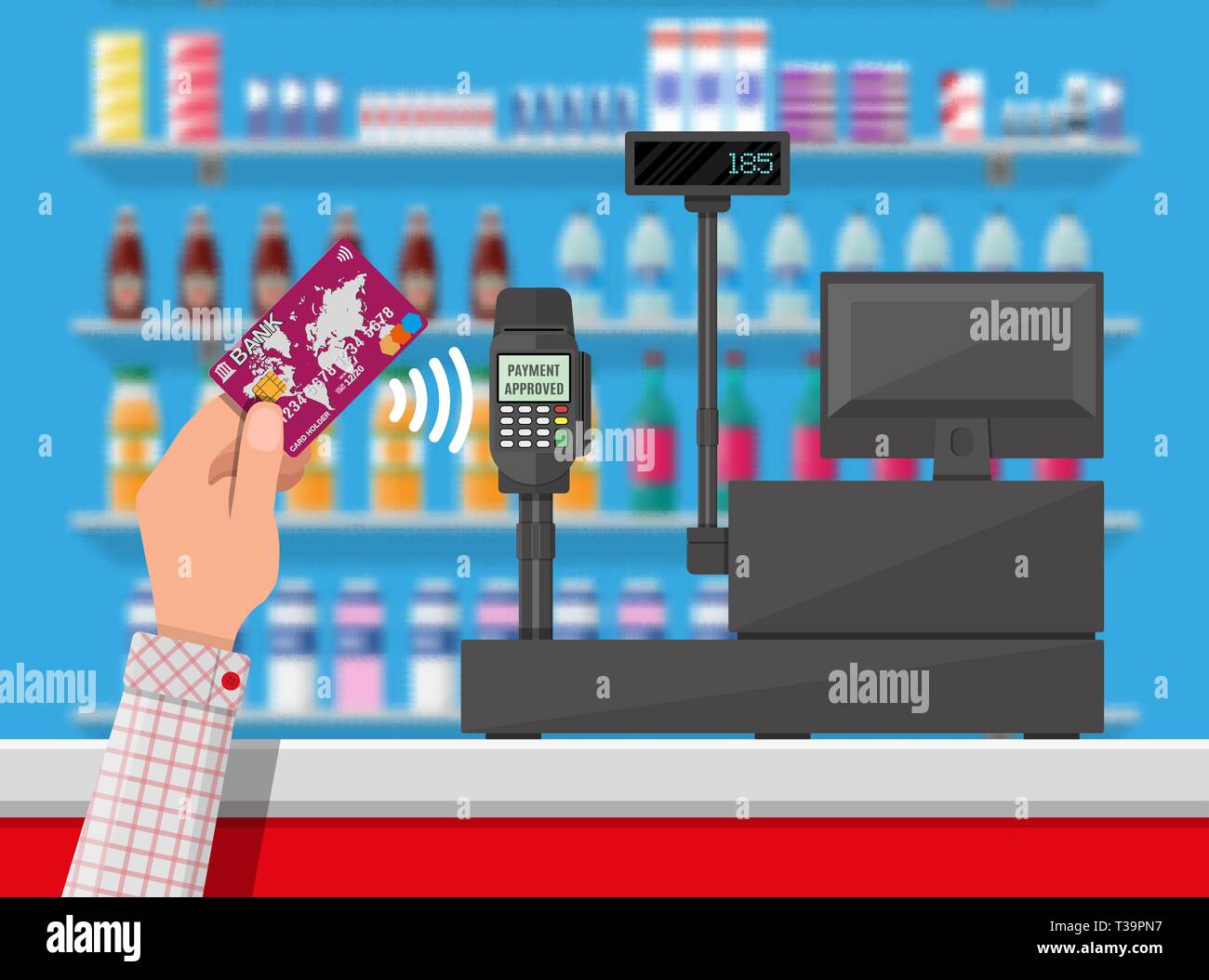 Pos terminal confirms payment by bank card. Supermarket interior ...