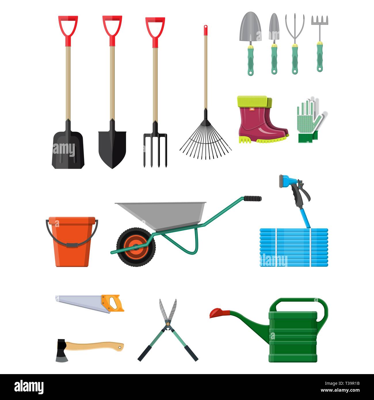 Gardening tools set. Equipment for garden. Saw bucket ax wheelbarrow ...
