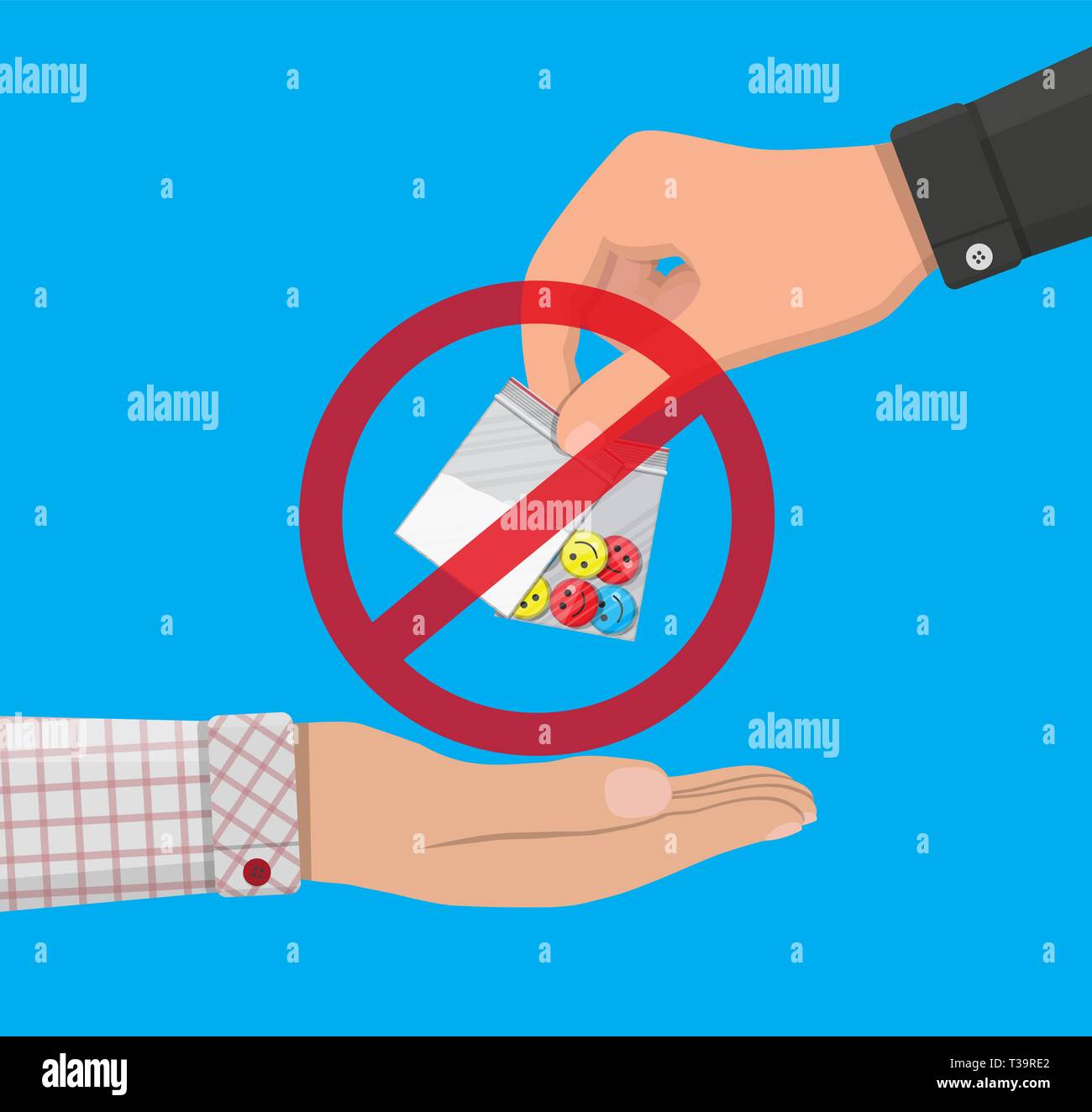 Hand of the drug dealer gives bag of narcotic pills and cocaine to ...