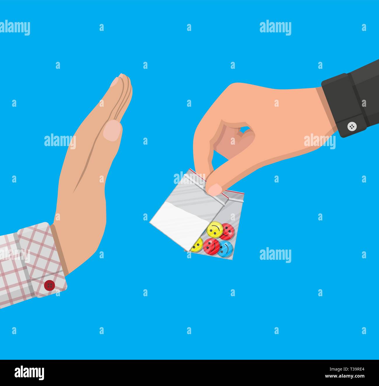 Hand of the drug dealer gives bag of narcotic pills and cocaine to ...